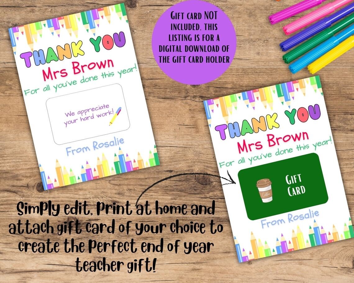 Editable Teacher Gift Card Holder, Printable Teacher Thank You Gift ...