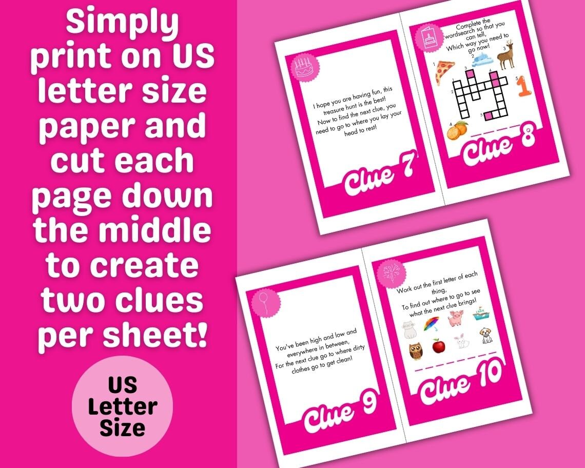 Printable Pink Kids Birthday Treasure Hunt, Indoor Birthday Scavenger ...