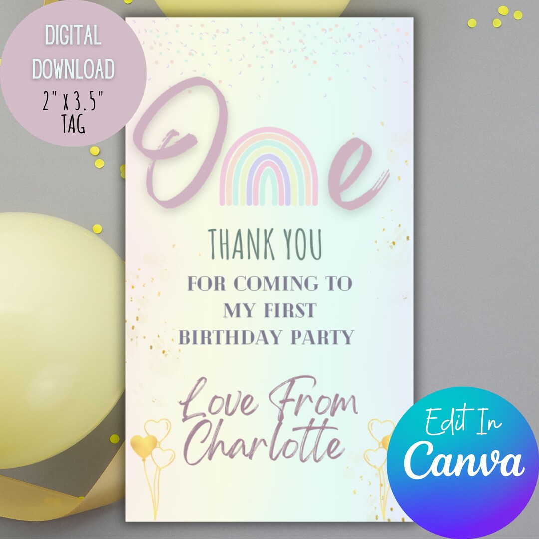 Rainbow First Birthday Editable Party Thank You Tag, Kids Digital Party ...