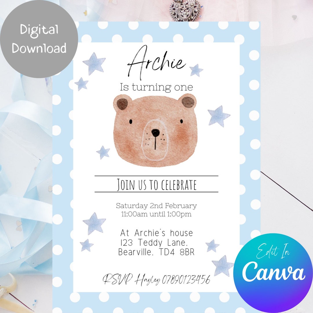Teddy Bear Editable Party Invitation, Kids Digital Party Invite, Baby ...