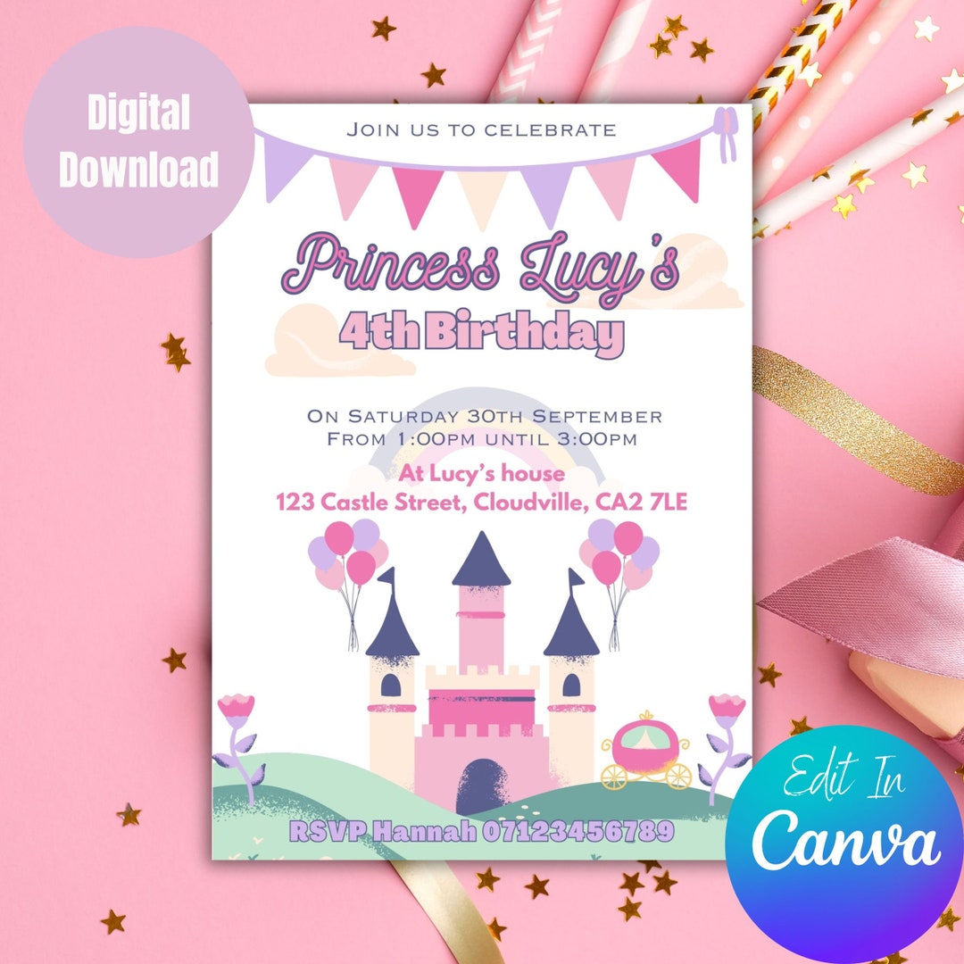 Princess Editable Party Invitation, Kids Digital Party Invite, Magical ...