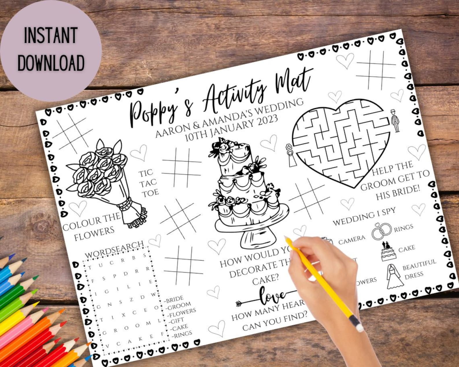 Kids Personalised Printable Wedding Activity Mat, Kids Wedding Placemat ...