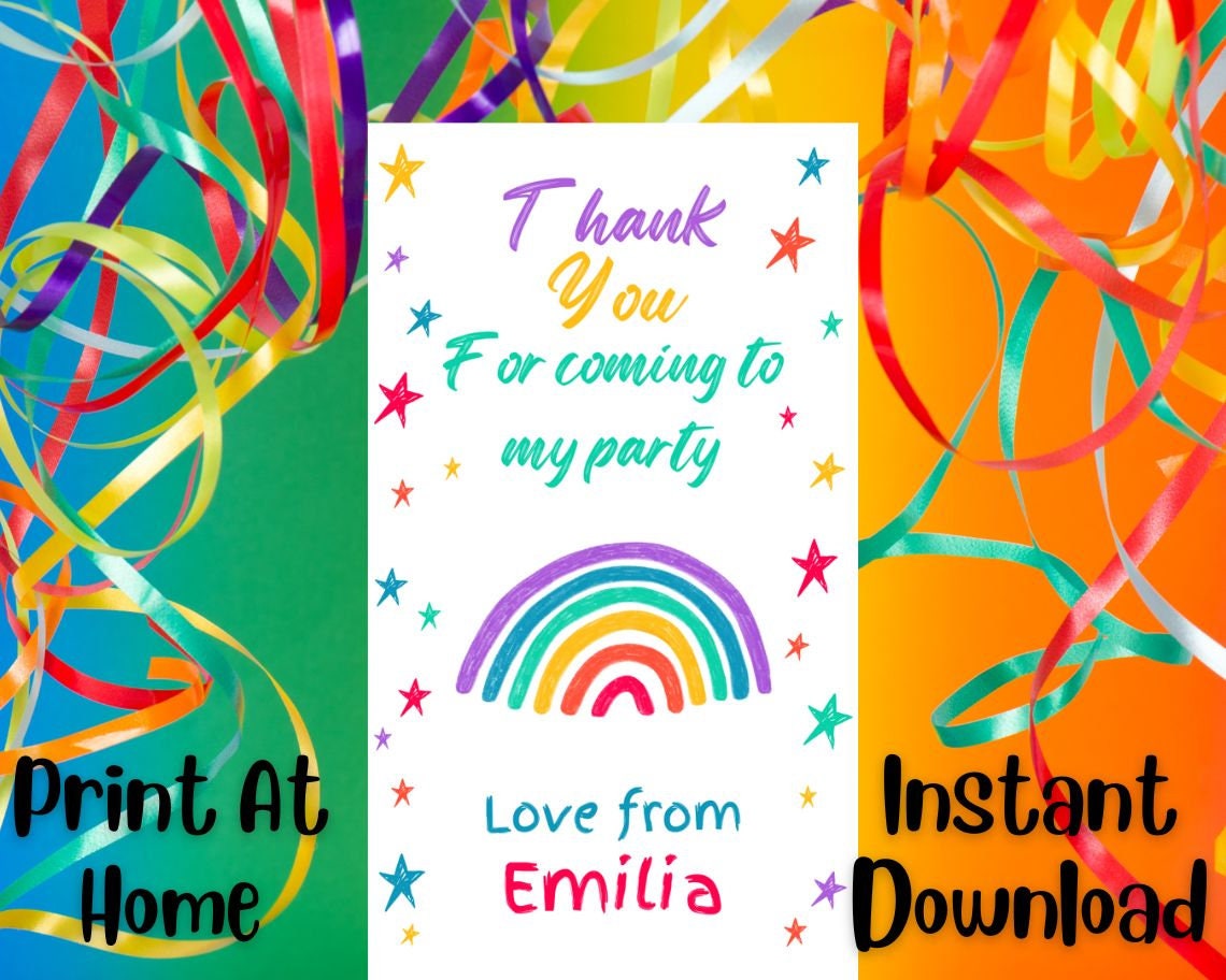 Editable Rainbow Party Thank You Tag, Kids Digital Party Bag Tags ...