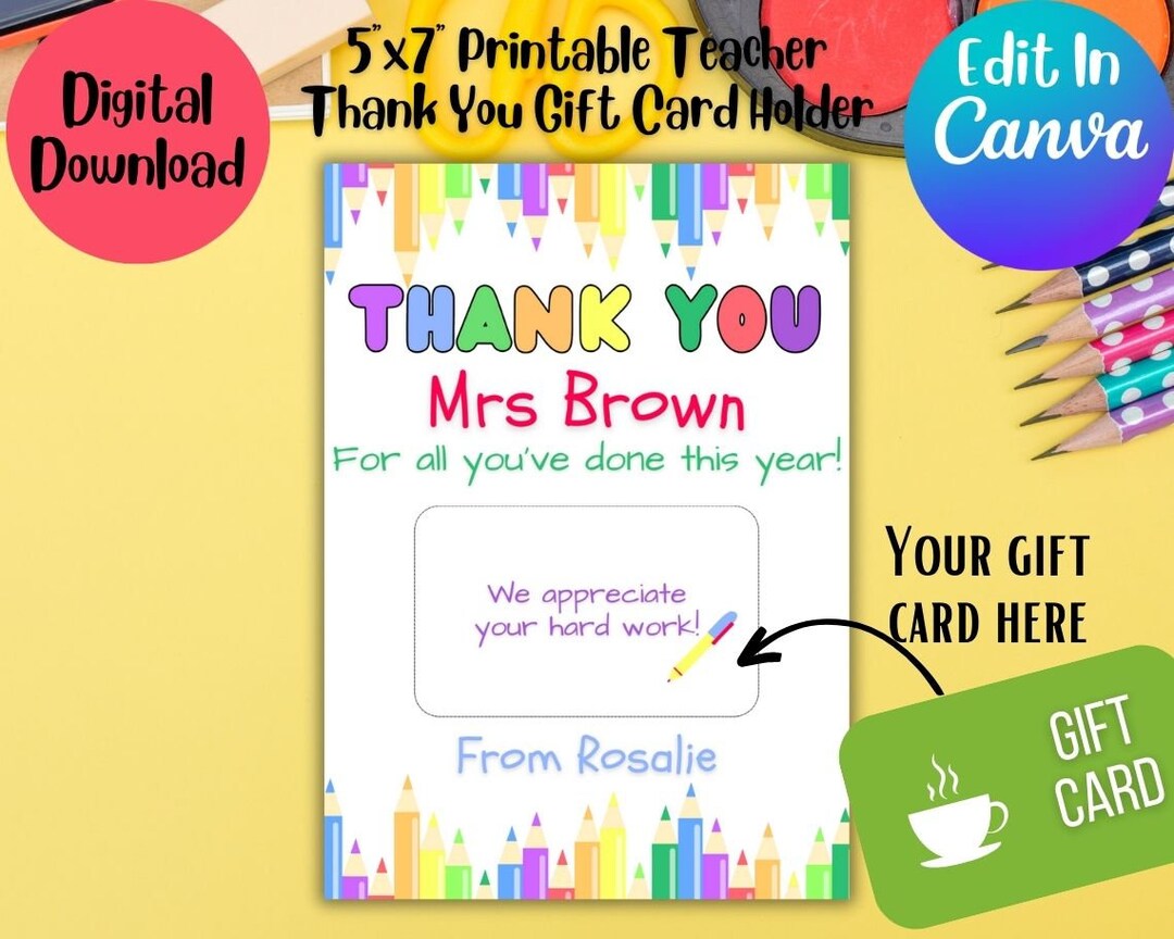 Editable Teacher Gift Card Holder, Printable Teacher Thank You Gift ...