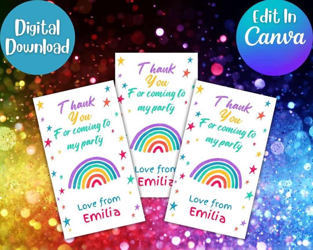 Editable Rainbow Party Thank You Tag, Kids Digital Party Bag Tags ...