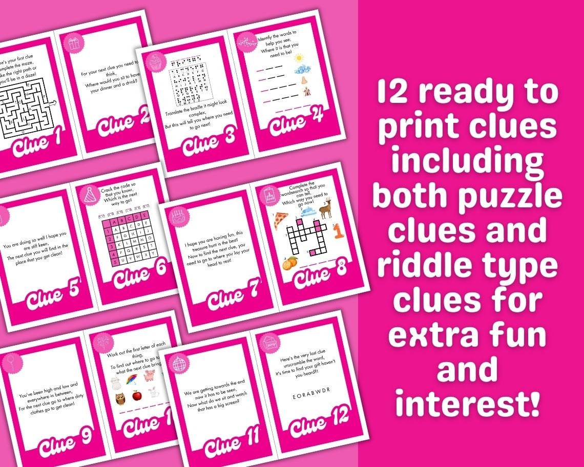 Printable Pink Kids Birthday Treasure Hunt, Indoor Birthday Scavenger ...