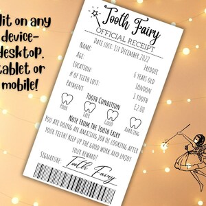 Tooth Fairy Receipt, Editable Certificate, Instant Download Printable ...