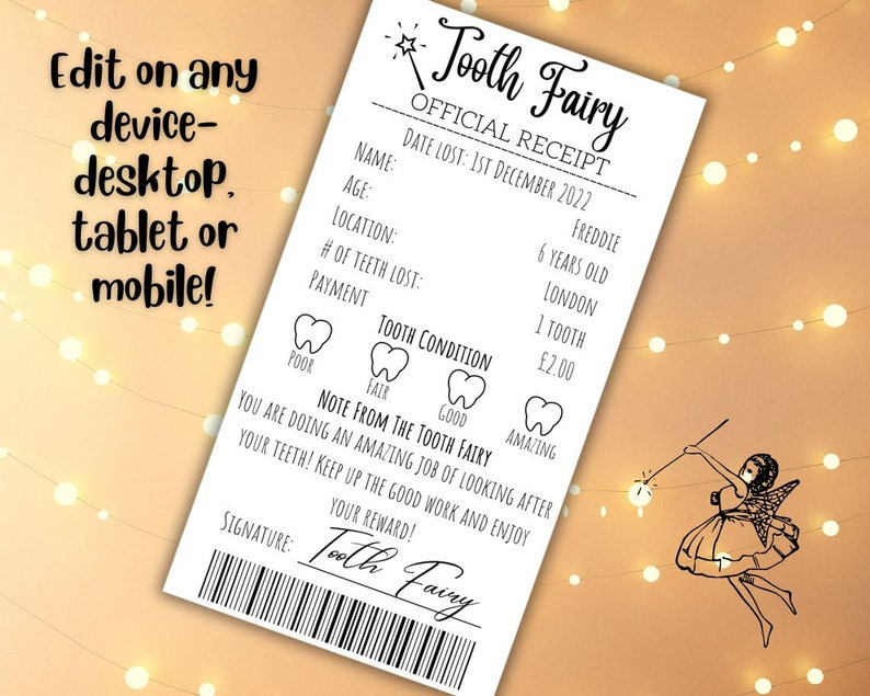 Tooth Fairy Receipt, Editable Certificate, Instant Download Printable ...