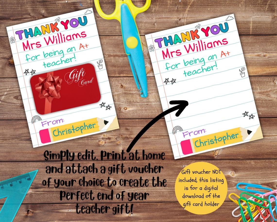 Editable Teacher Gift Card Holder, Printable Teacher Thank You Gift ...