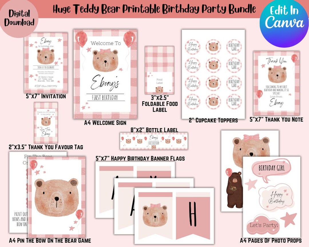 Printable Teddy Bear Birthday Bundle, Editable Pink Decorations Set ...