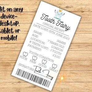 Tooth Fairy Receipt, Editable Certificate, Instant Download Printable ...