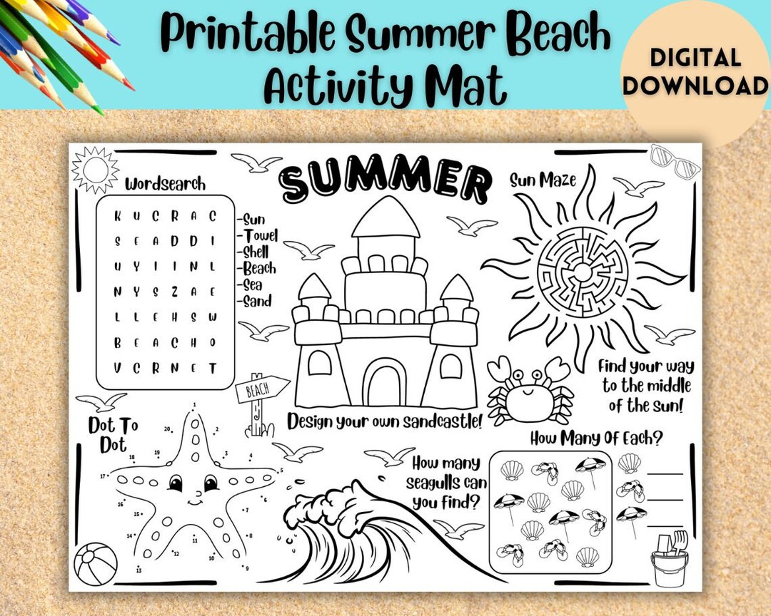 Kids Printable Summer Beach Activity Mat, Kids Summer Placemat, Beach ...