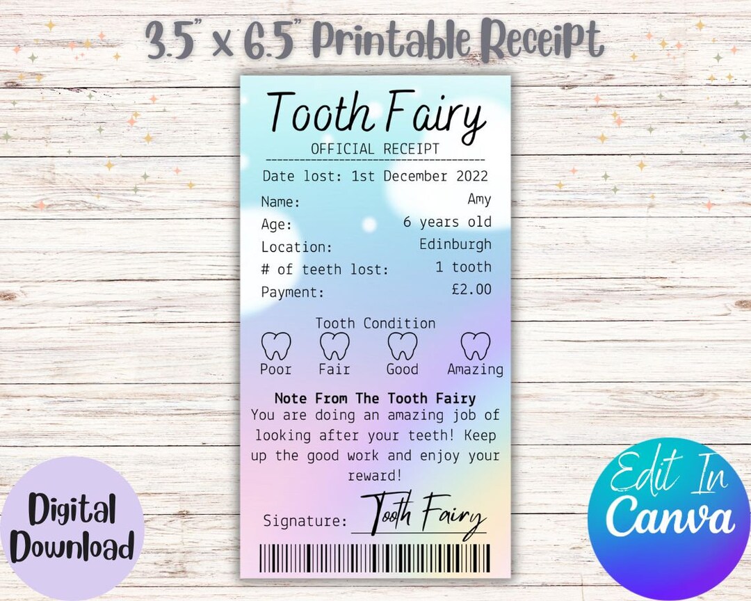 Tooth Fairy Receipt, Editable Certificate, Instant Download Printable ...