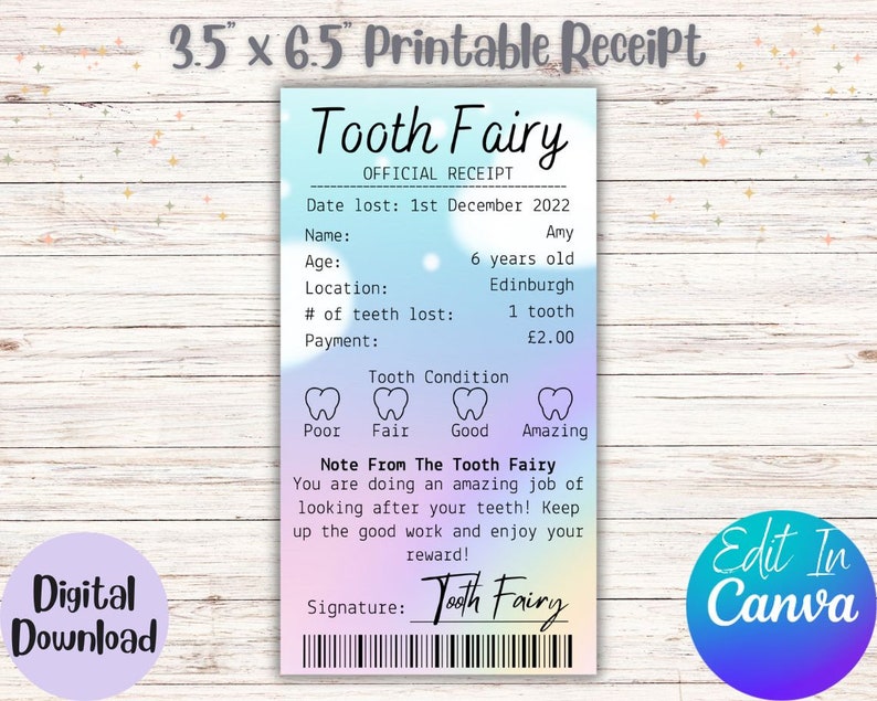 Tooth Fairy Receipt Editable Certificate Instant Download - Etsy