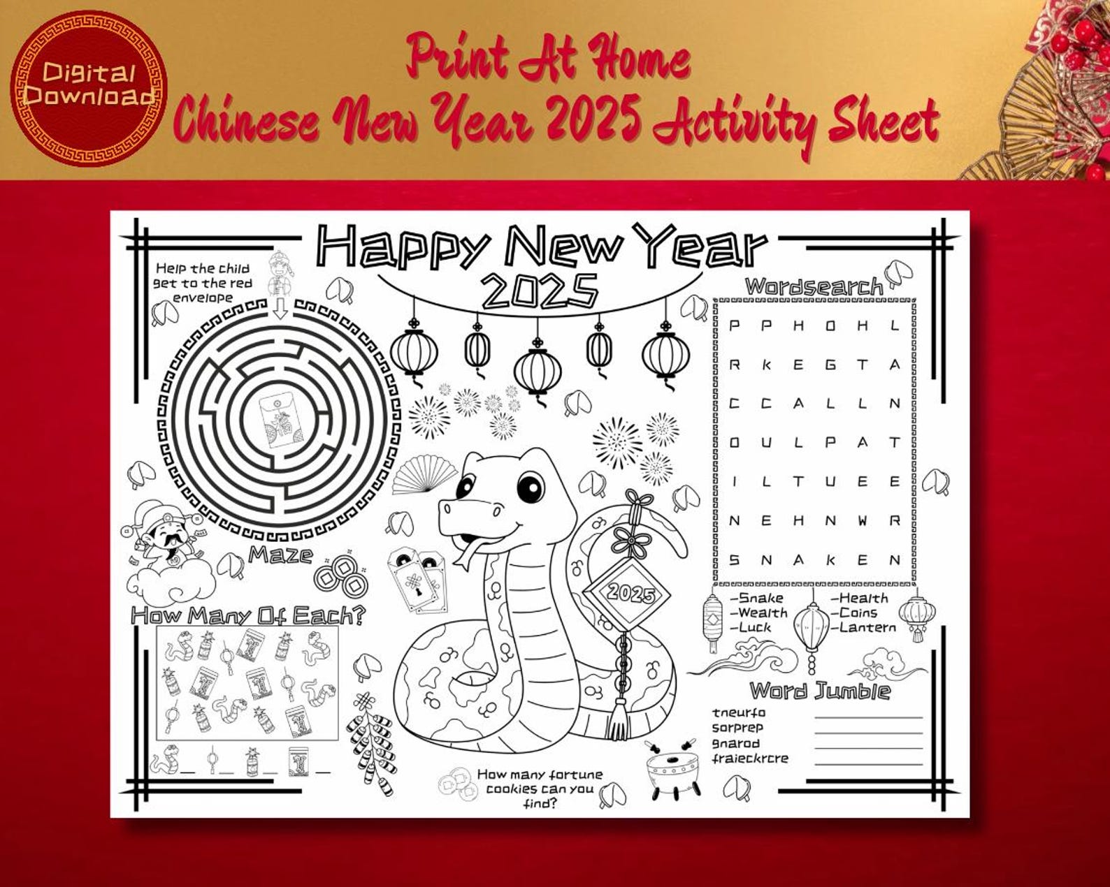 Kids Printable Chinese New Year Activity Sheet, Year of the Snake 2025 ...