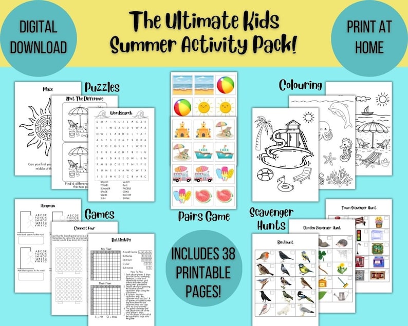 Kids Summer Activity Pack Printable Summer Holiday Colouring Puzzles Instant Download Summer ...