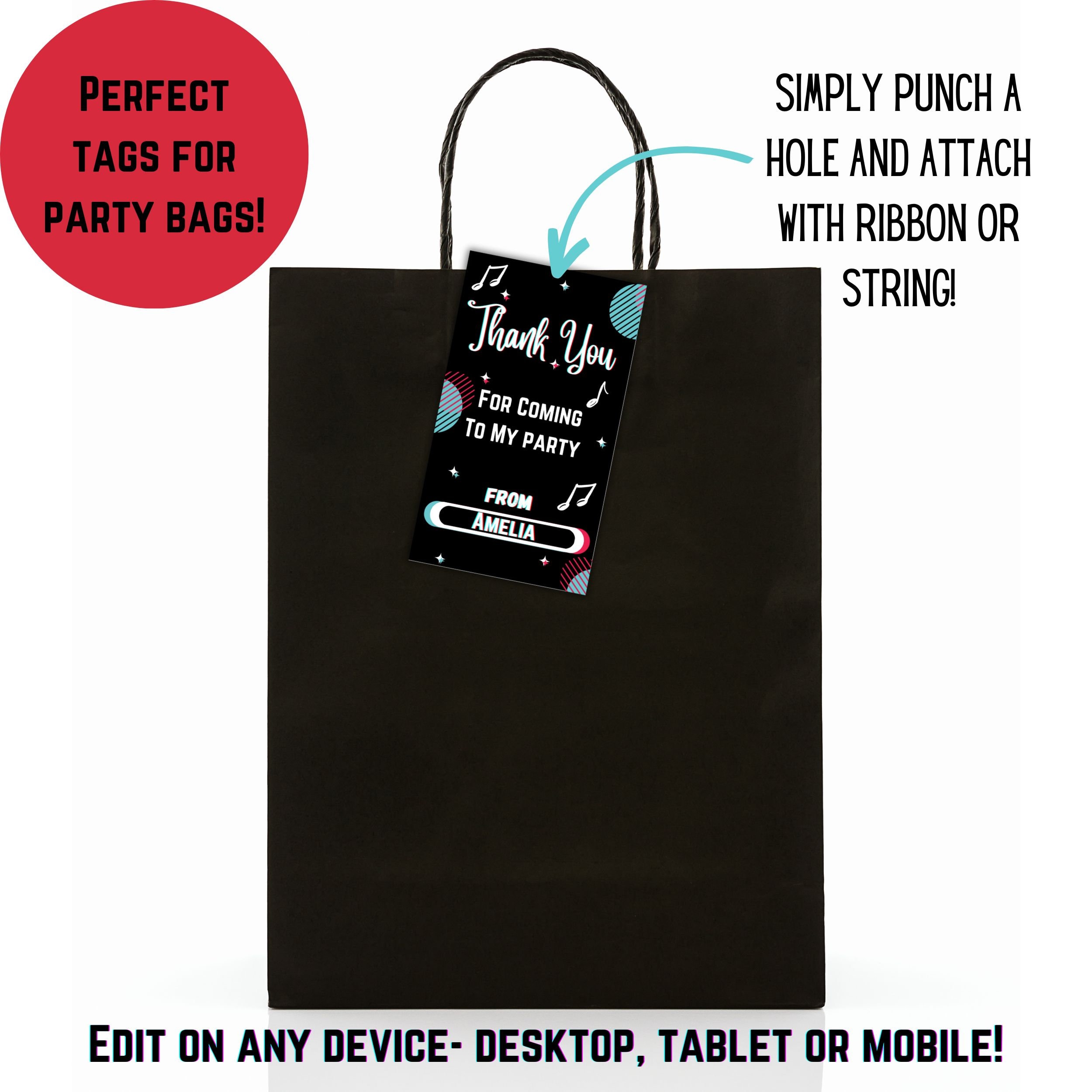 Tiktok Editable Party Thank You Tag, Kids Digital Party Bag Tags, Tik ...