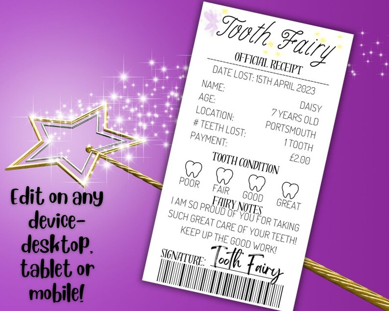 Tooth Fairy Keepsake Receipt Editable Certificate Instant - Etsy