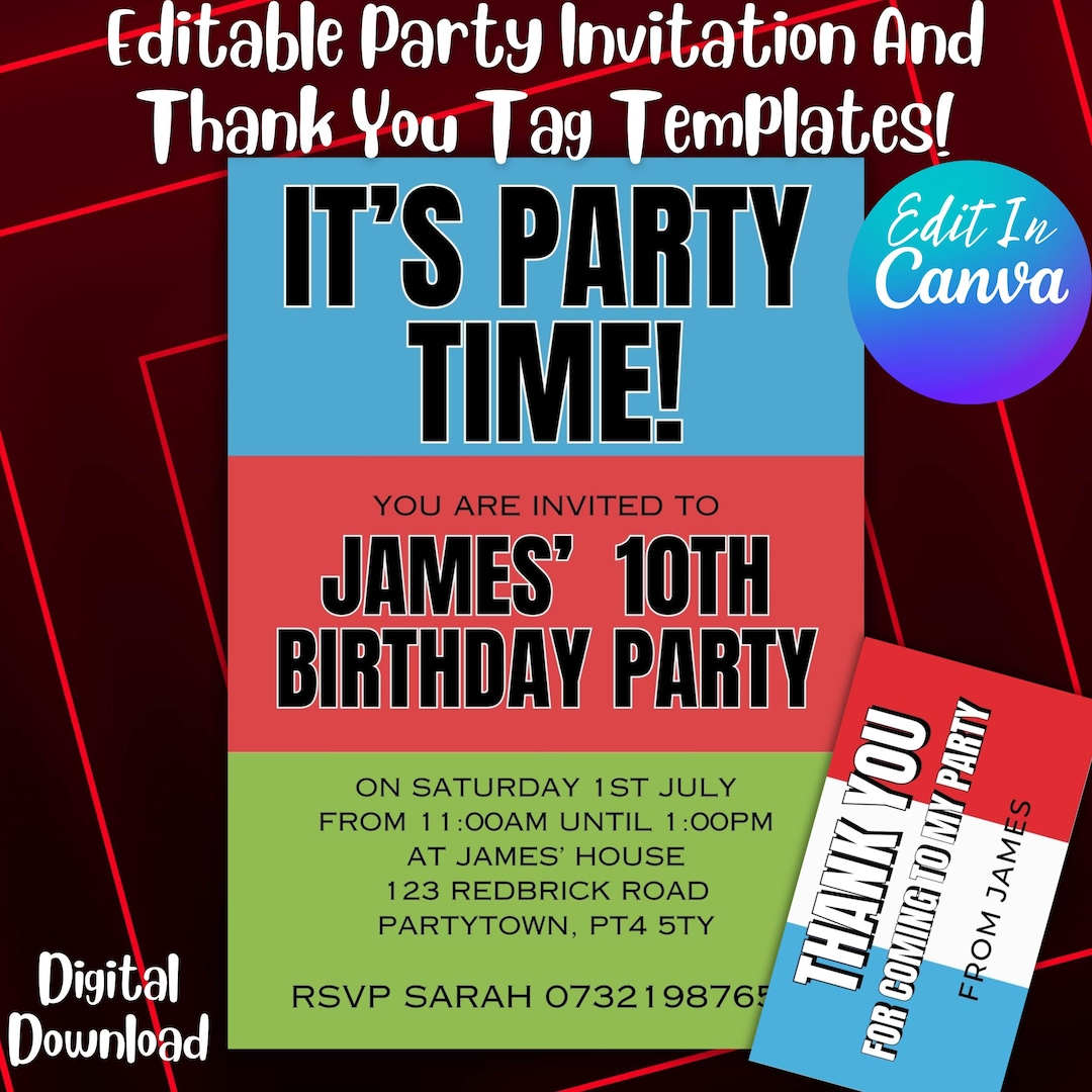 Hydration Drink Editable Party Invitation Thank You Tag, Kids Digital ...