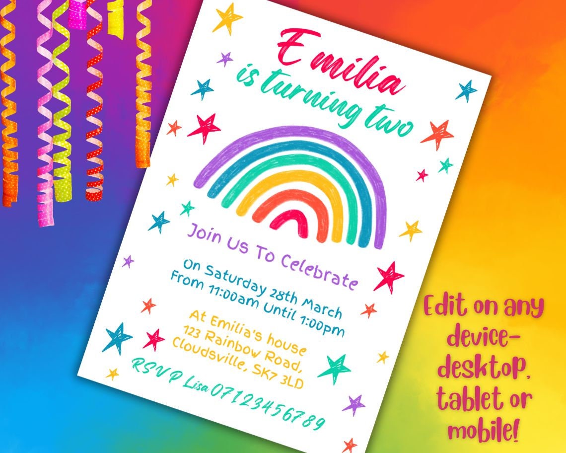 Editable Rainbow Party Invitation, Kids Digital Party Invite, Rainbow ...