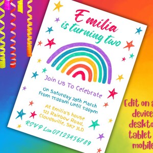Editable Rainbow Party Invitation, Kids Digital Party Invite, Rainbow ...