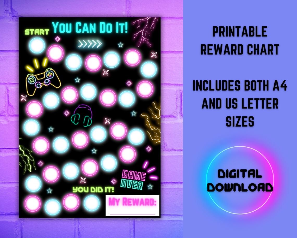 Gaming Reward Chart Printable Kids Good Behaviour Sticker Chart Gamer ...