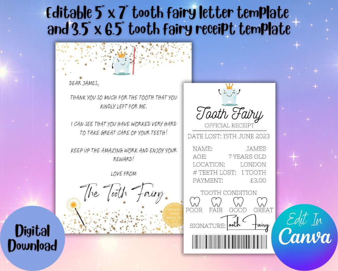 Tooth Fairy Letter and Receipt, Editable Certificate,instant Download ...