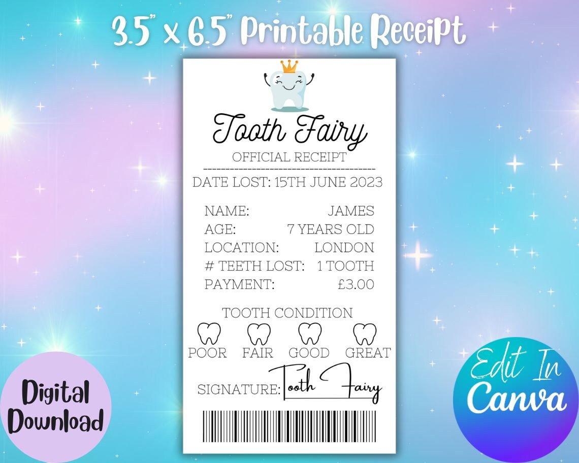 Tooth Fairy Receipt, Editable Certificate, Instant Download Printable ...