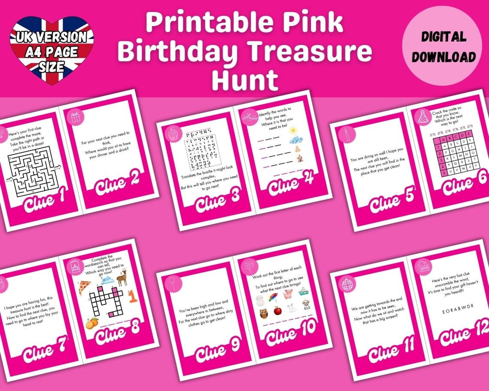 Printable Pink Kids Birthday Treasure Hunt, Indoor Birthday Scavenger ...
