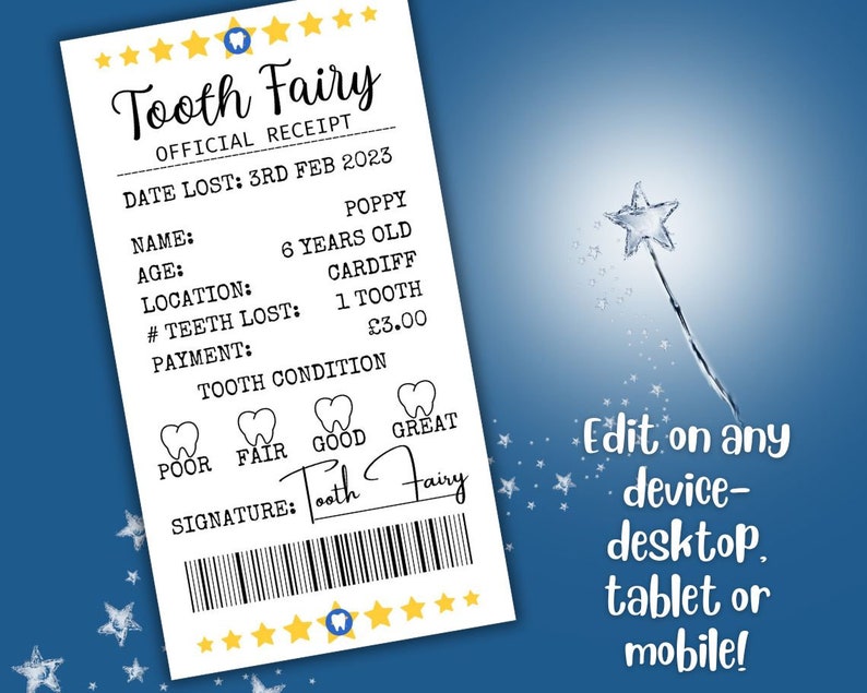 Tooth Fairy Keepsake Receipt, Editable Certificate, Instant Download ...