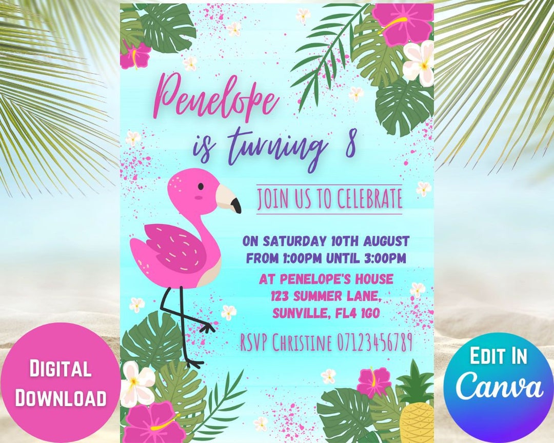 Flamingo Editable Party Invitation, Kids Summer Digital Party Invite ...