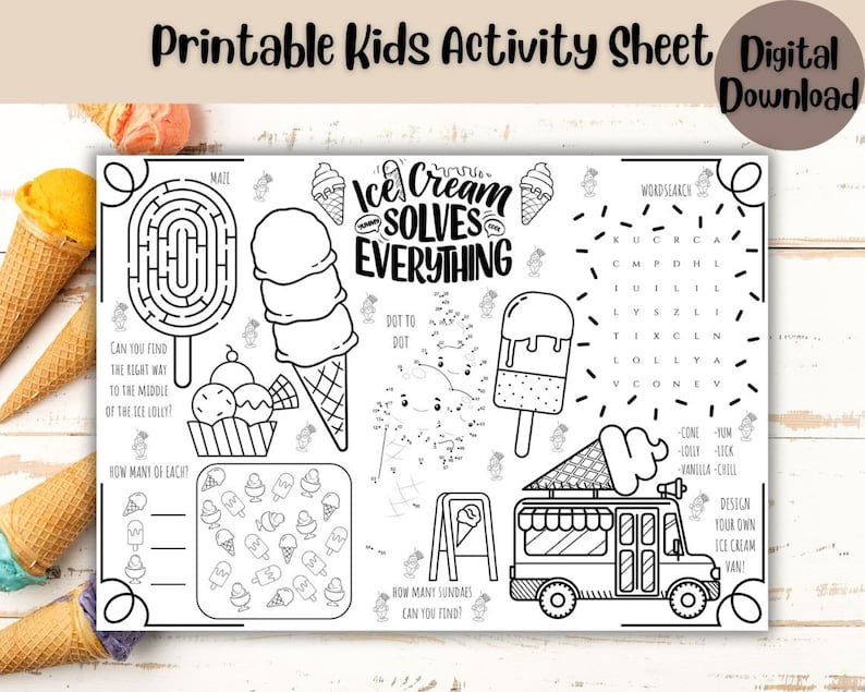 Kids Printable Summer Ice Cream Activity Mat, Kids Ice Cream Shop ...