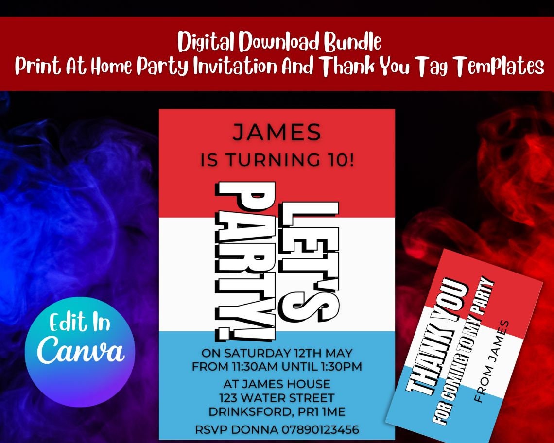 Hydration Drink Editable Party Invitation and Thank You Tag, Kids ...