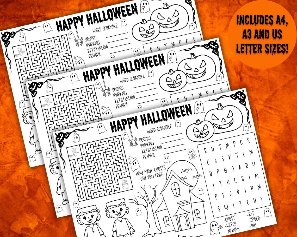 Kids Halloween Activity Mat Printable Halloween Puzzle Sheet for Kids ...