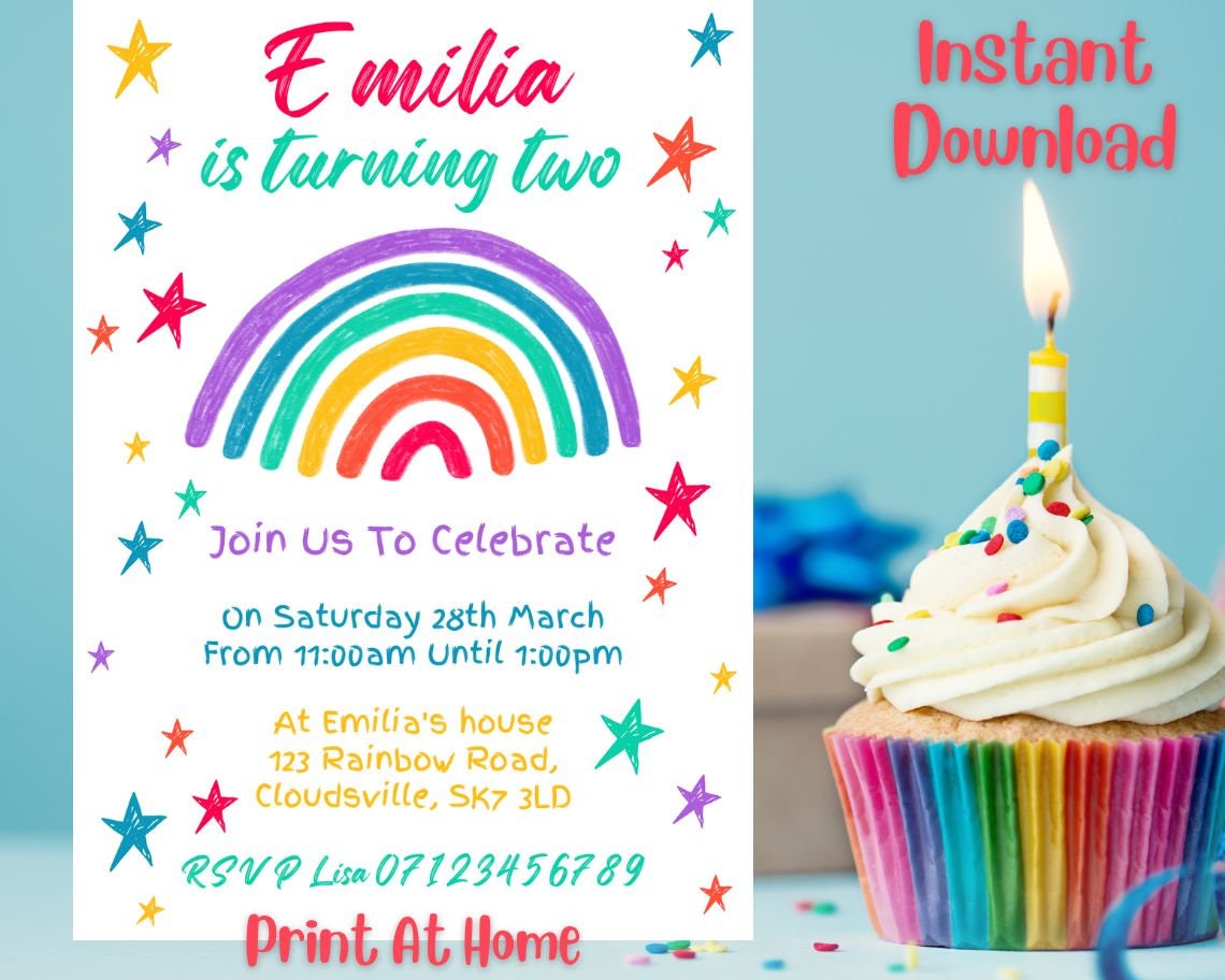 Editable Rainbow Party Invitation, Kids Digital Party Invite, Rainbow ...