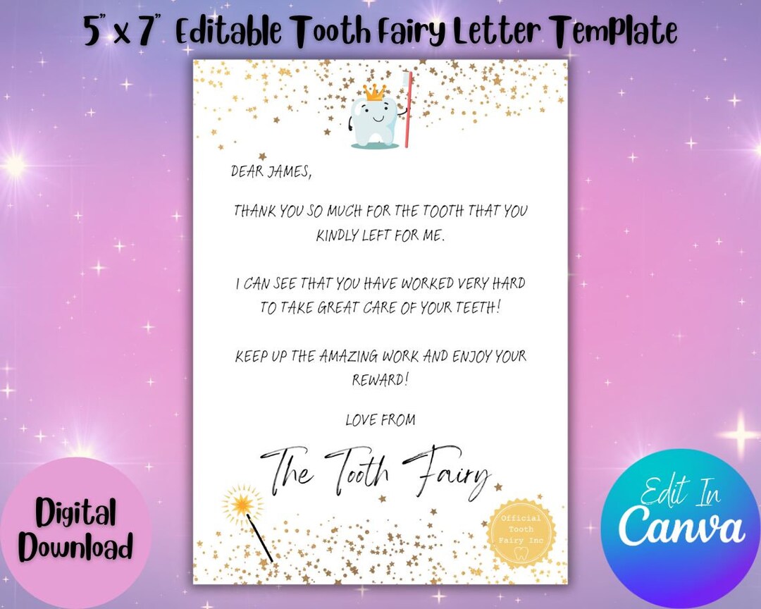 Tooth Fairy Letter, Editable Certificate, Instant Download Printable ...