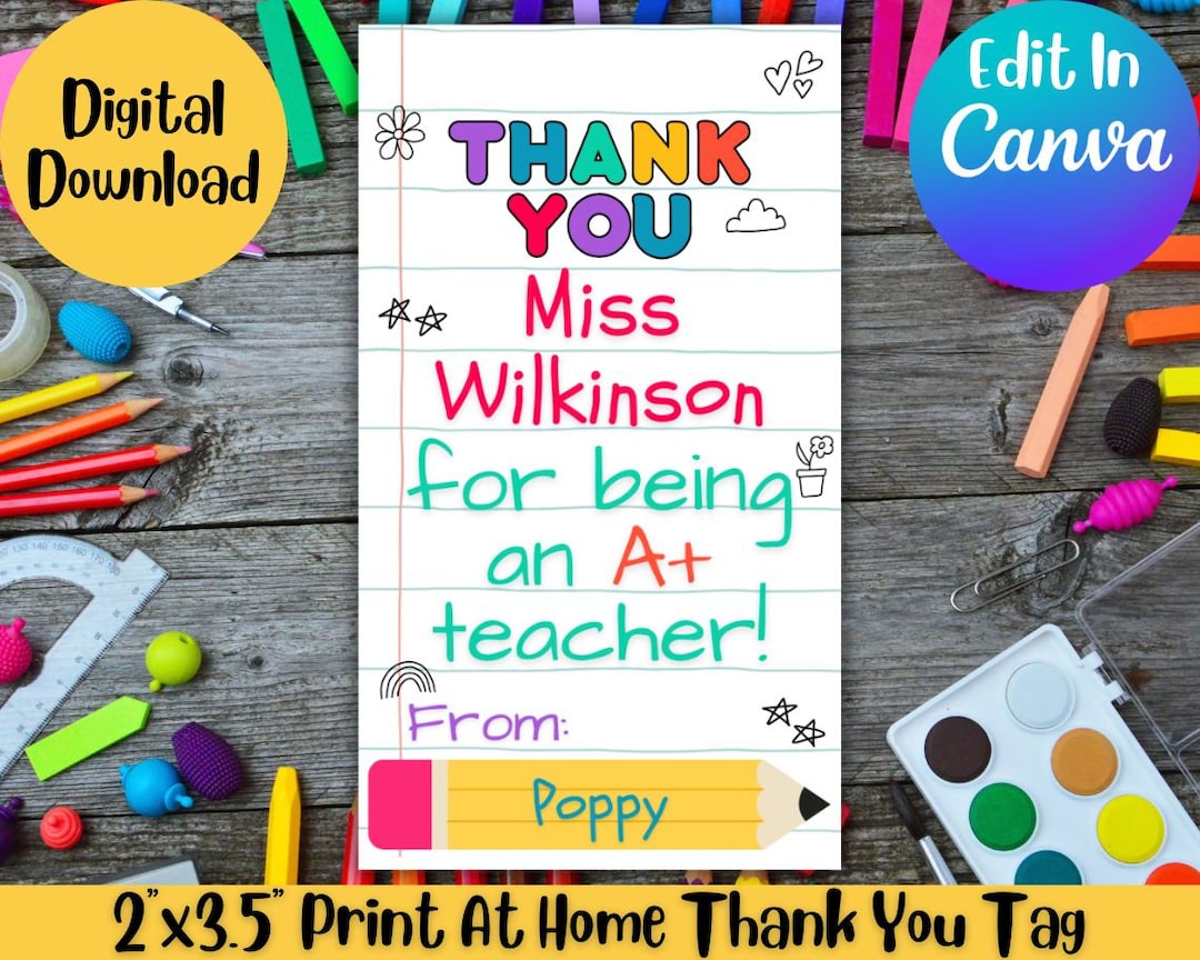 Editable Teacher Thank You Tag, Printable Teacher Thank You Gift Tag ...