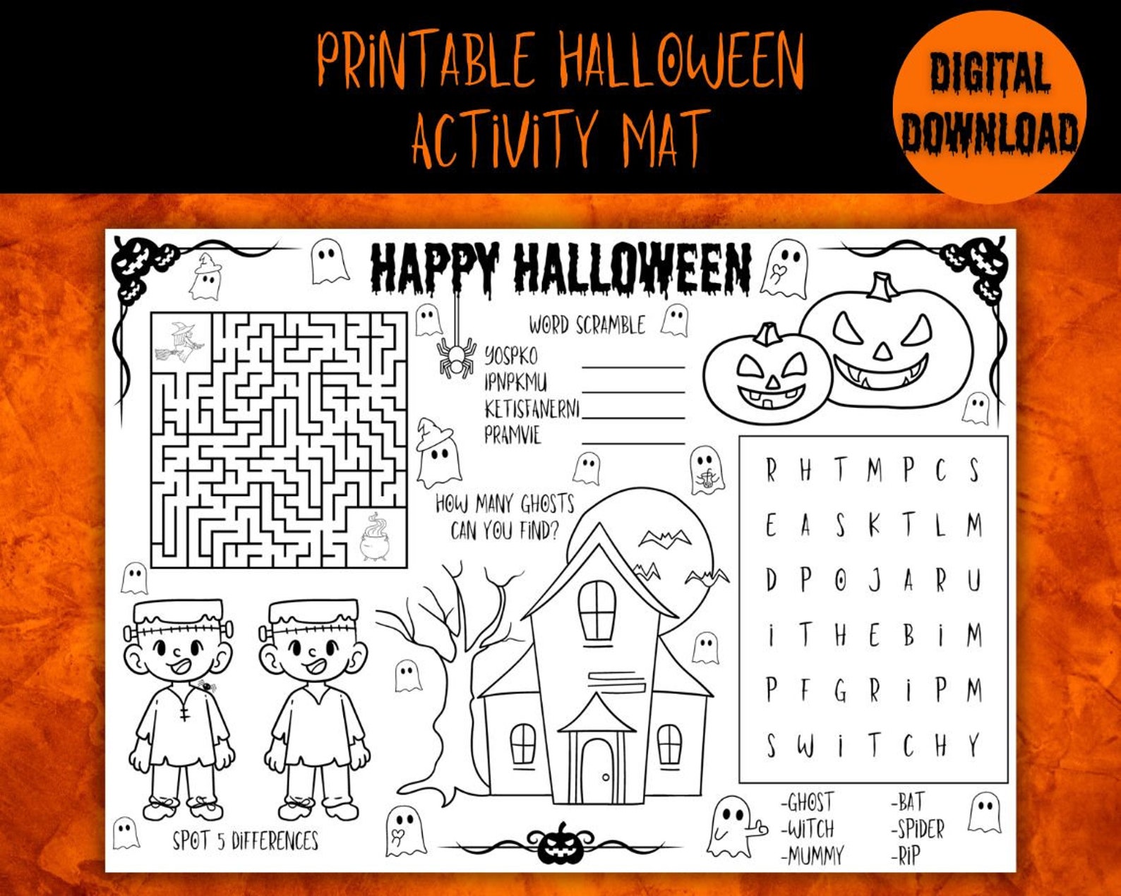 Kids Halloween Activity Mat Printable Halloween Puzzle Sheet for Kids ...