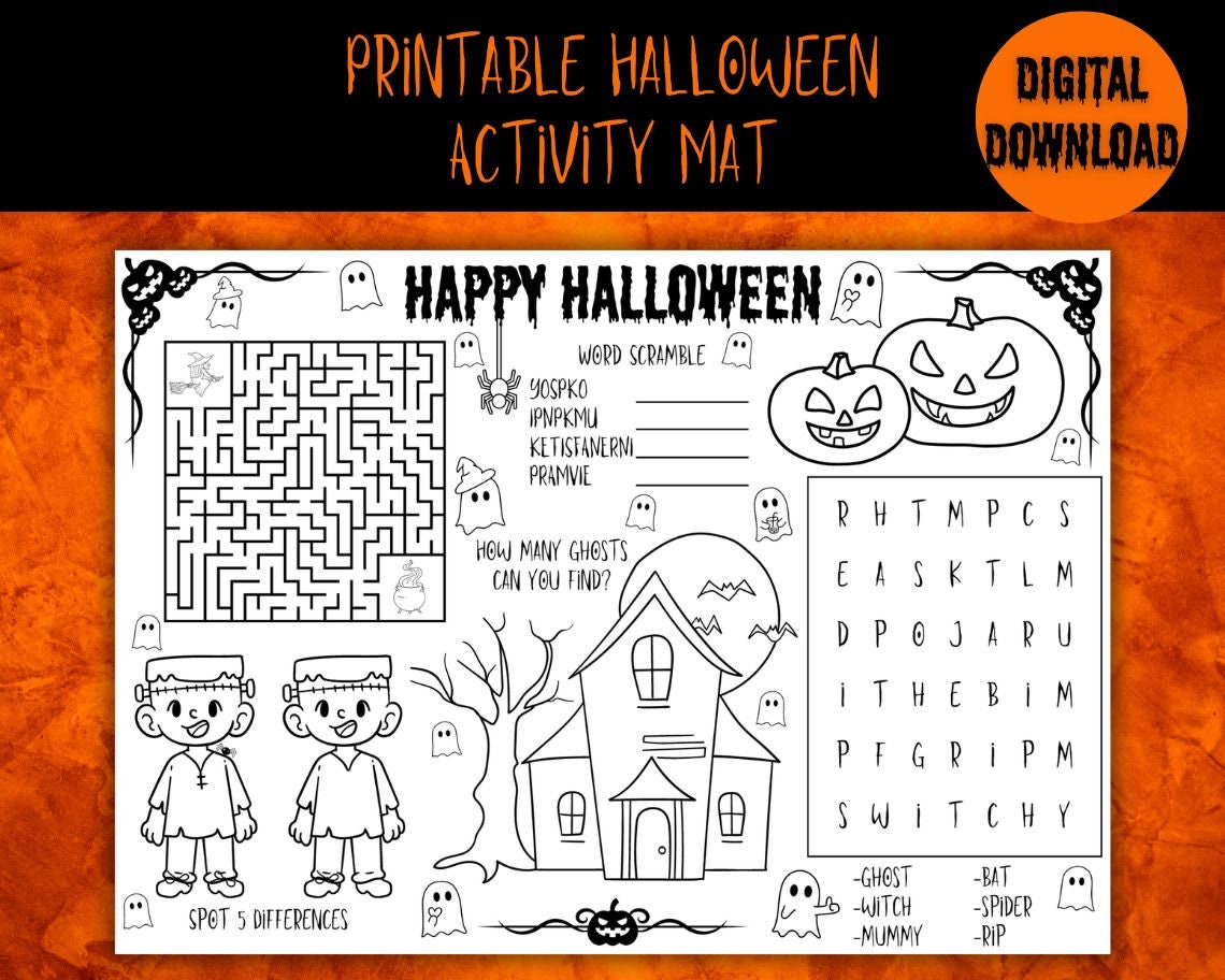 Kids Halloween Activity Mat Printable Halloween Puzzle Sheet for Kids ...