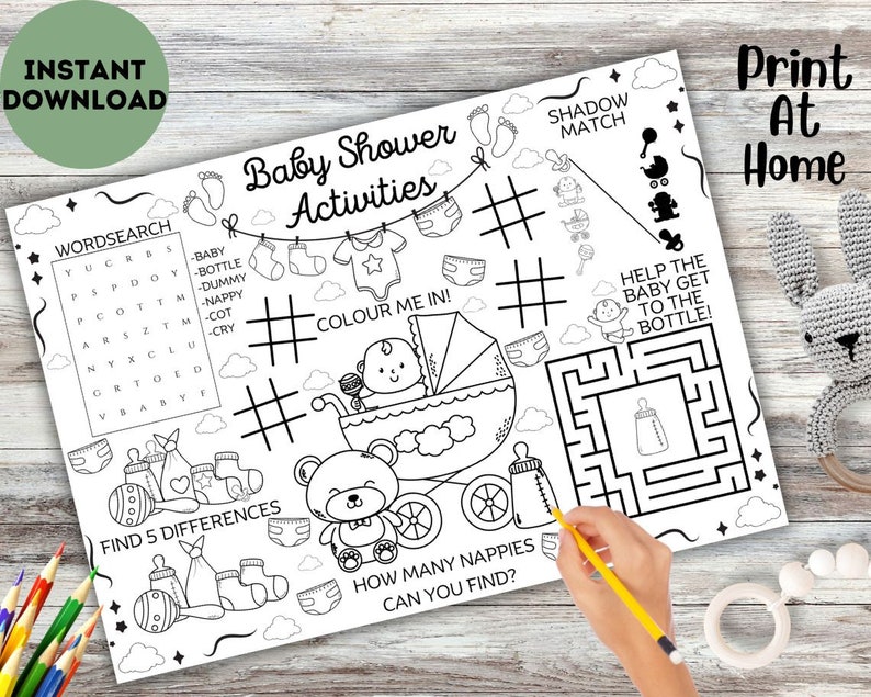 Kids Printable Baby Shower Activity Mat, Kids Baby Shower Placemat ...