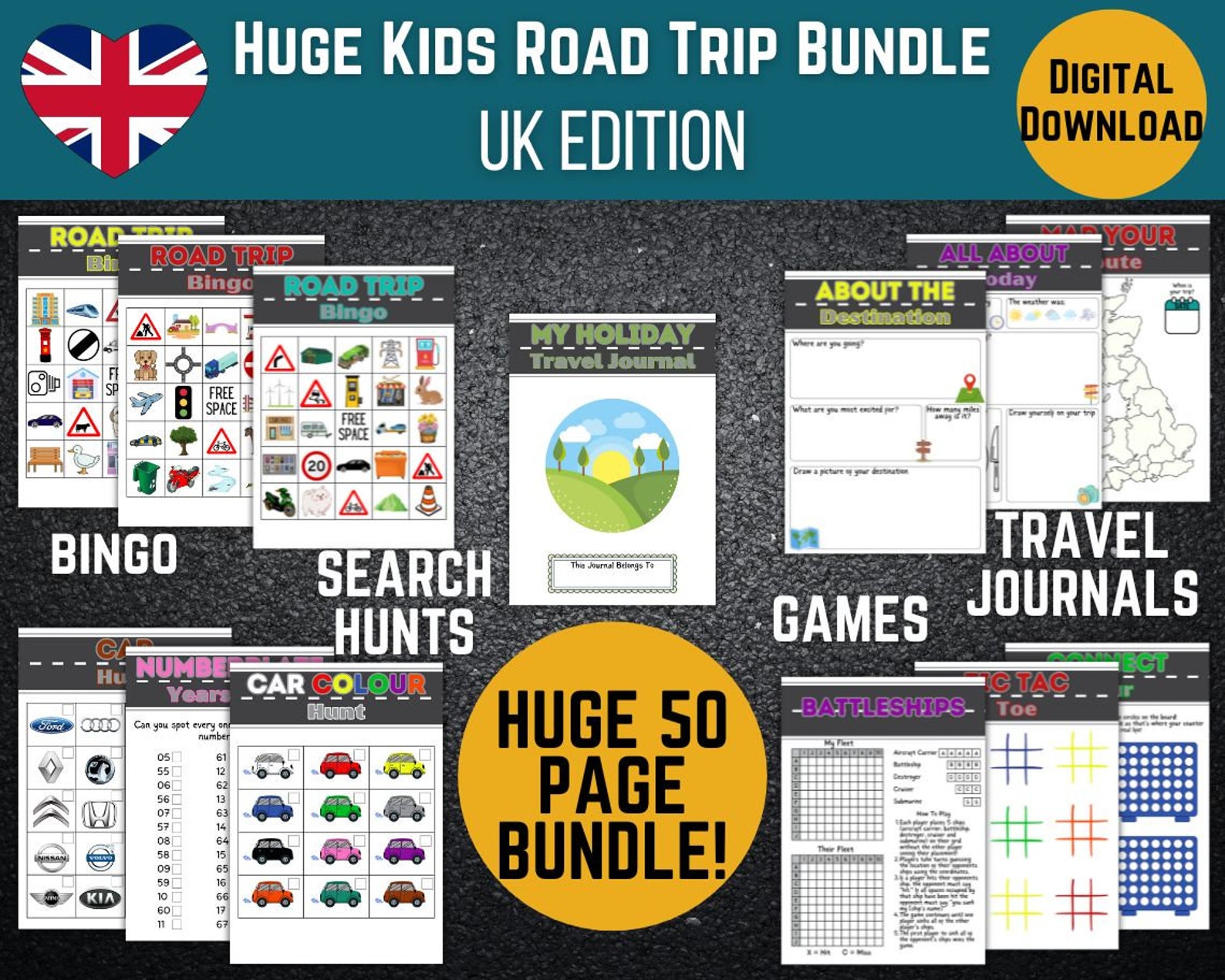 Kids Road Trip Bundle Printable Kids Travel Bingo Journal Summer ...