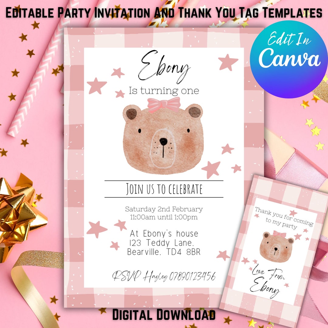 Teddy Bear Editable Party Invitation Thank You Tag, Baby Girl Kids ...