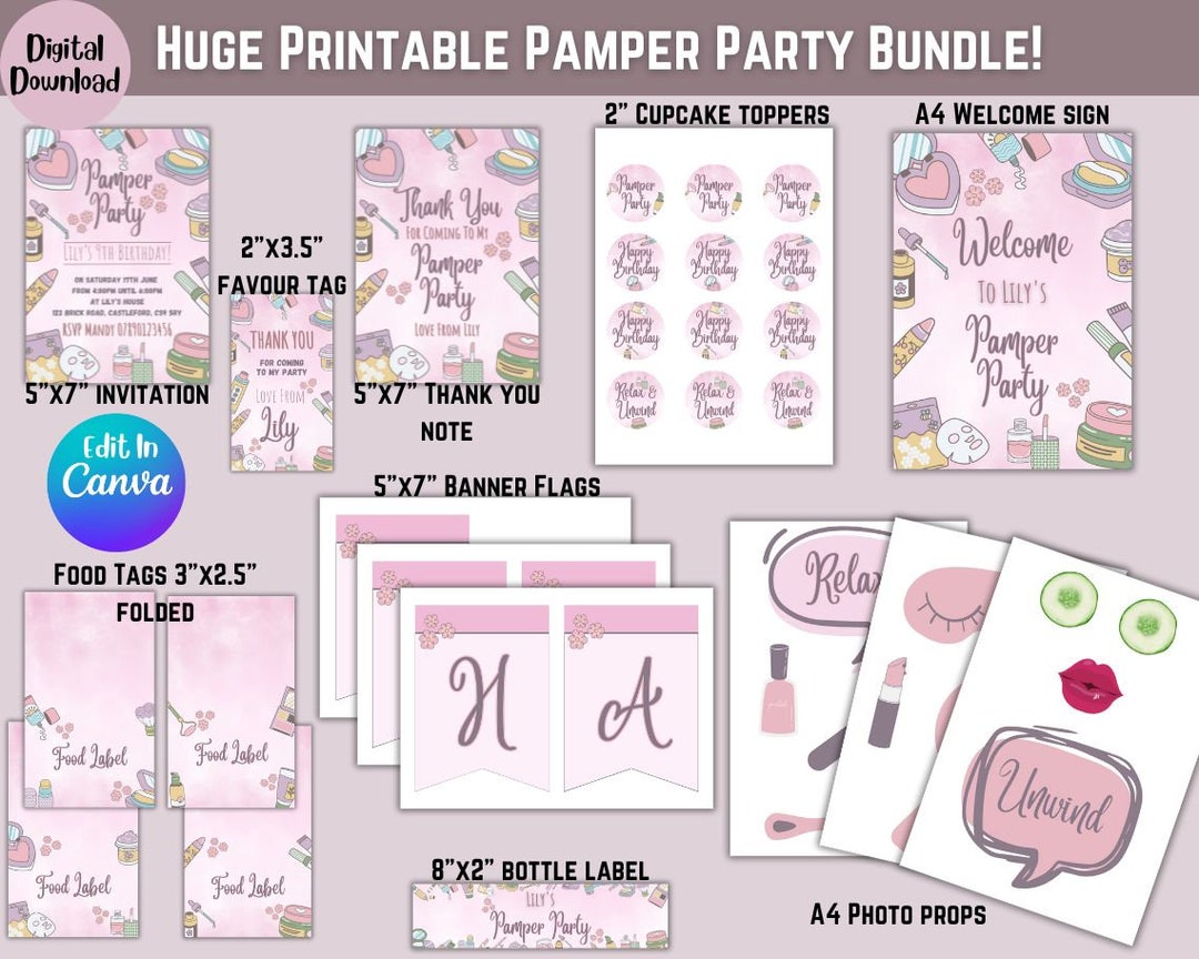 Printable Pamper Party Bundle, Editable Pamper Party Decorations Set ...