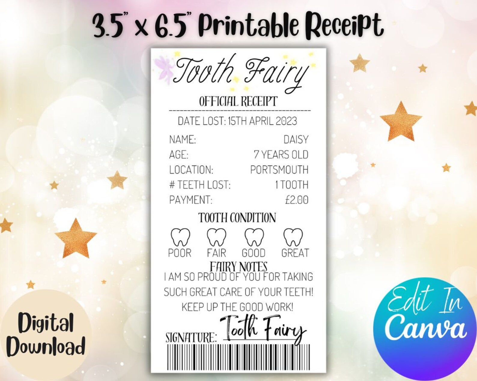 Tooth Fairy Keepsake Receipt, Editable Certificate, Instant Download ...