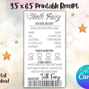 Tooth Fairy Keepsake Receipt, Editable Certificate, Instant Download ...