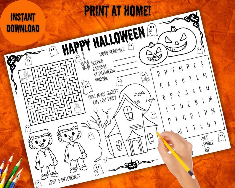 Kids Halloween Activity Mat Printable Halloween Puzzle Sheet for Kids ...