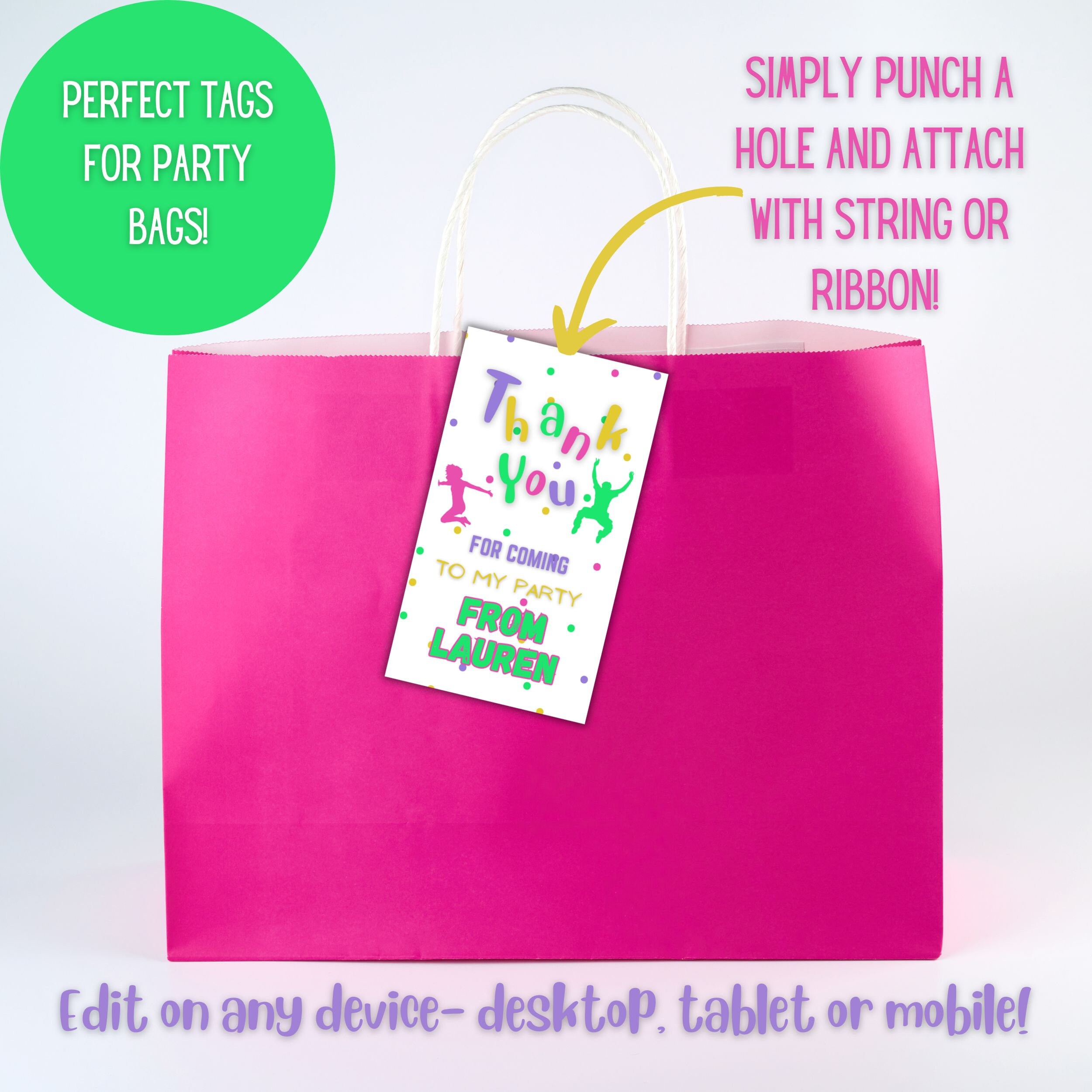 Trampoline Park Editable Party Thank You Tag, Kids Digital Party Bag ...