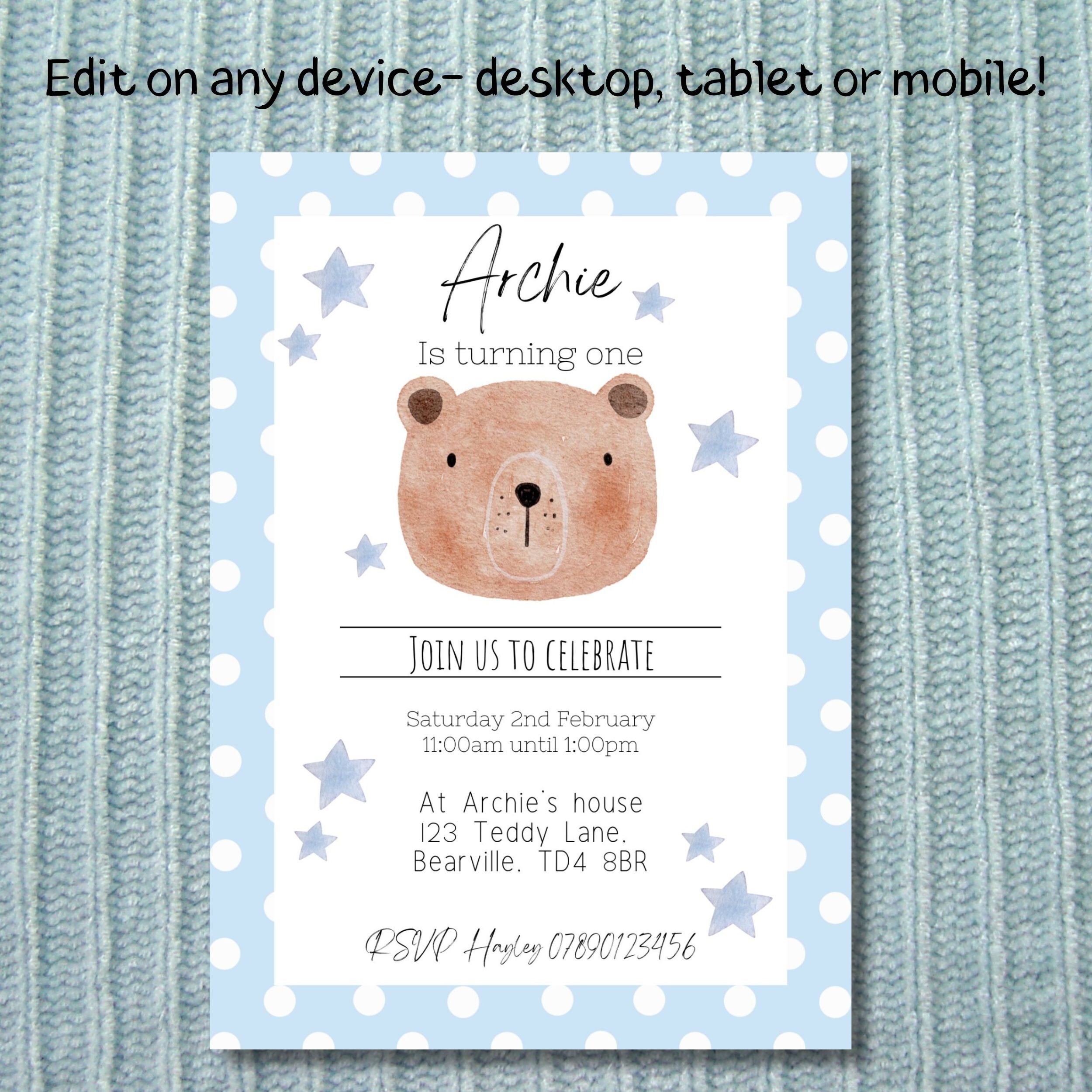 Teddy Bear Editable Party Invitation Thank You Tag, Baby Boy Kids ...