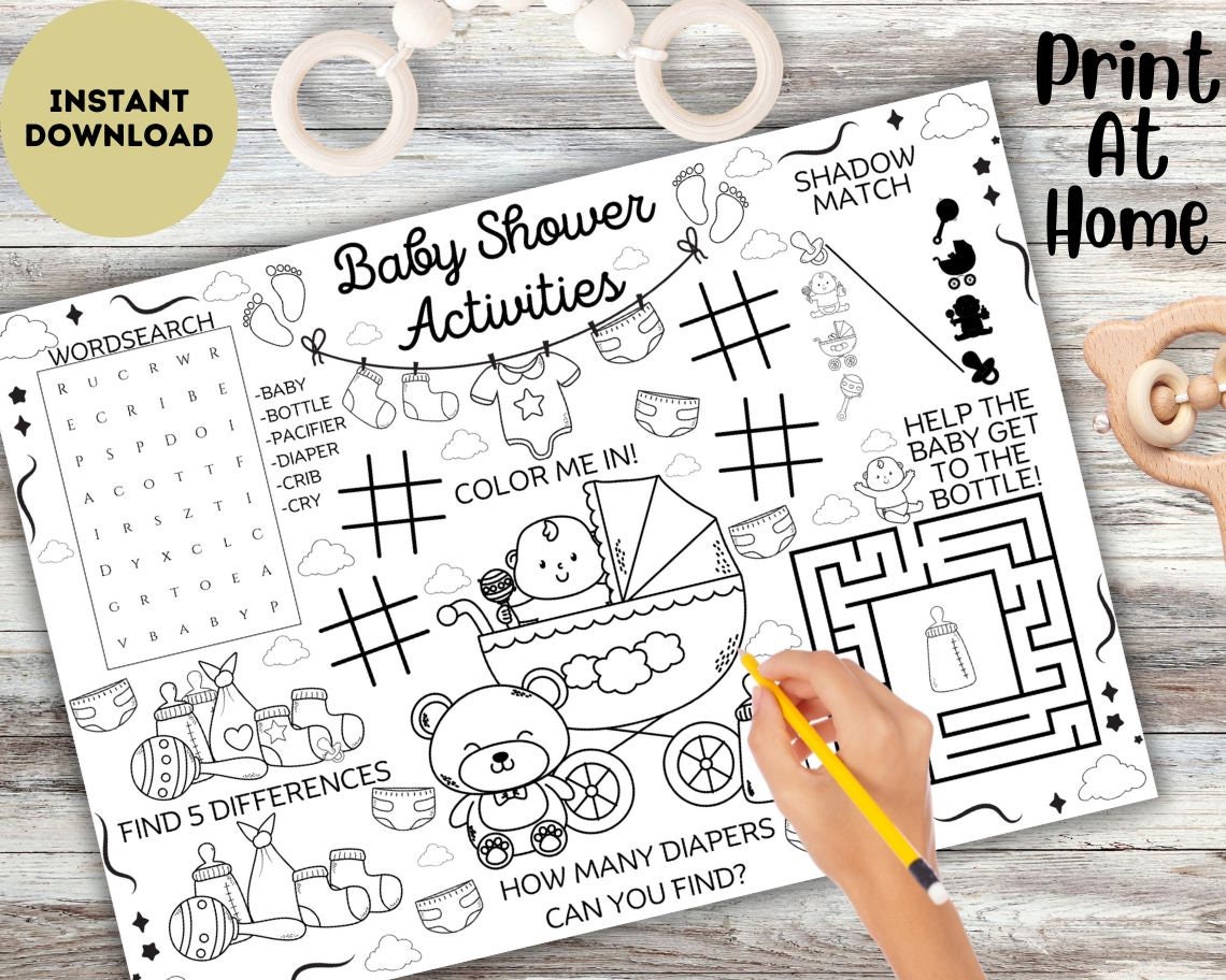 Kids Printable Baby Shower Activity Mat, Kids Baby Shower Placemat ...