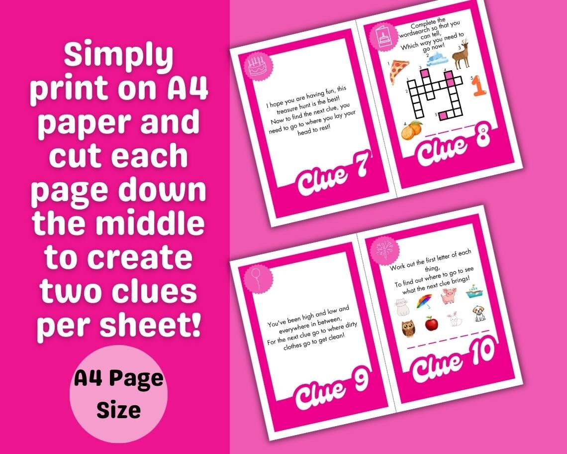 Printable Pink Kids Birthday Treasure Hunt, Indoor Birthday Scavenger ...